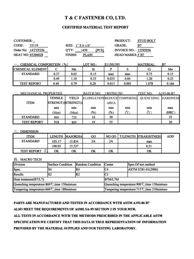 T & C Fastener Co, LTD.: Certified Material Test Report | PDF ...