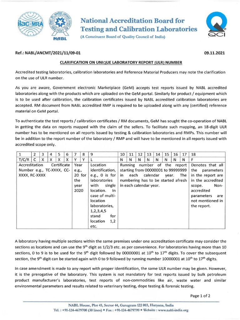 Clarification On Unique Laboratory Report ULR Number | PDF
