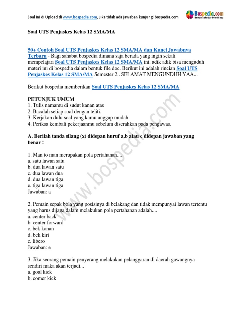 50 - Contoh Soal UTS Penjaskes Kelas 12 SMA MA Dan Kunci Jawabnya | PDF | Olahraga & Rekreasi ...