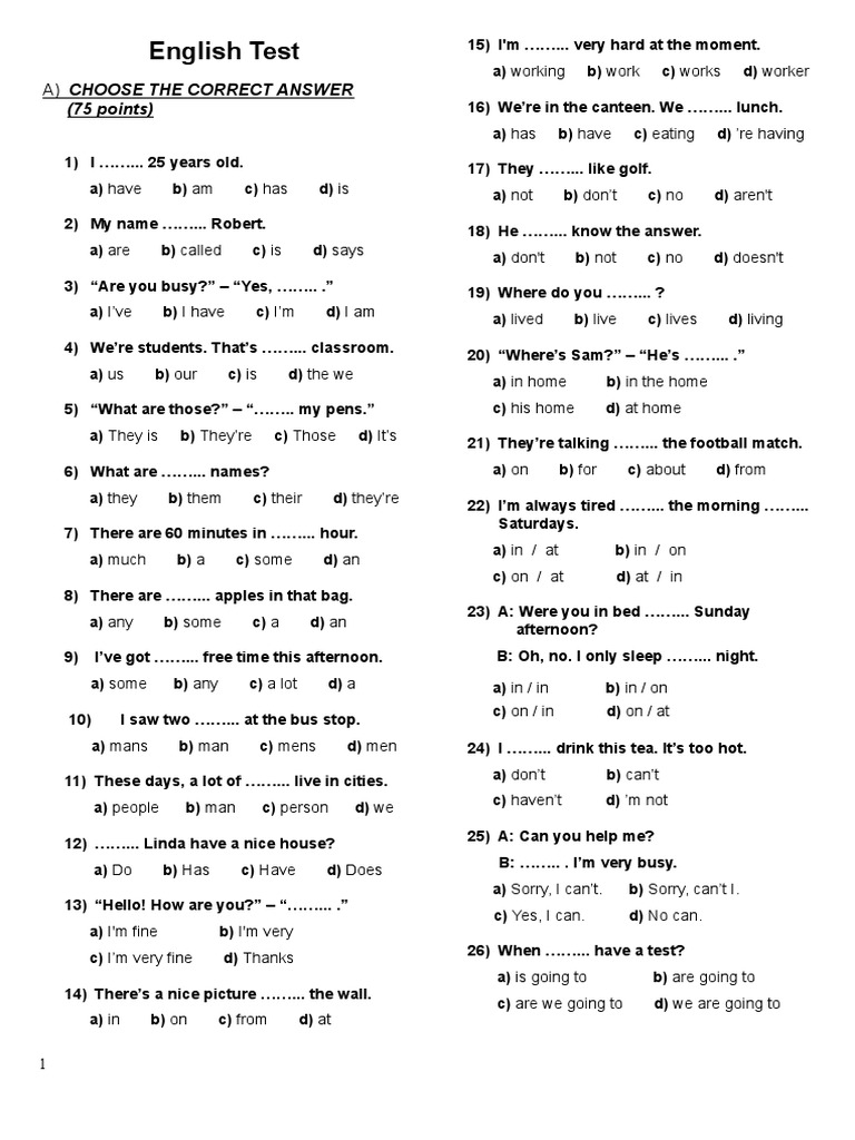 English Test A1 | Download Free PDF | Lunch