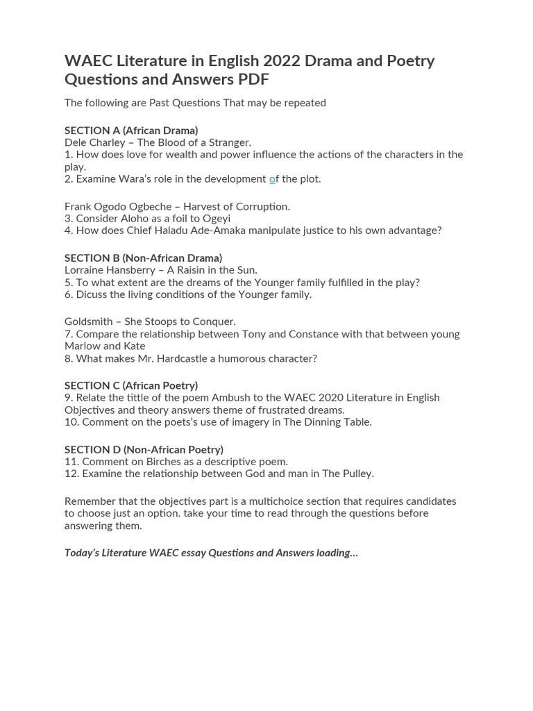 WAEC Literature in English 2022 Drama and Poetry Questions and Answers ...