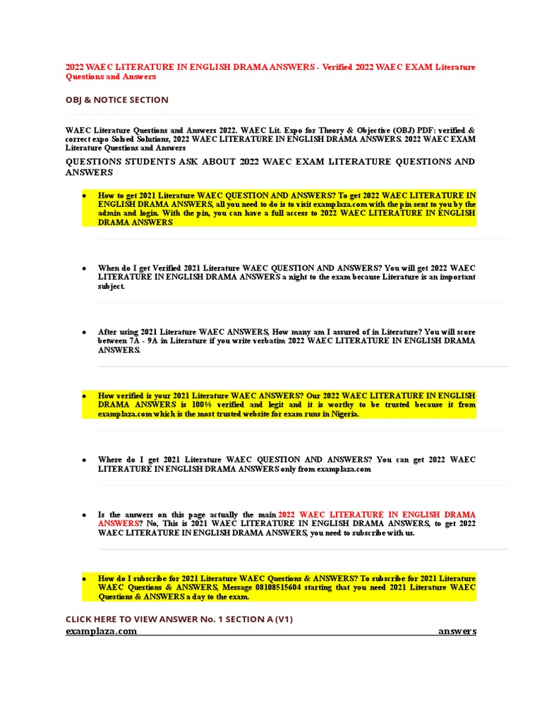 2022 WAEC Literature Drama Answers | PDF | Poetry | Anger