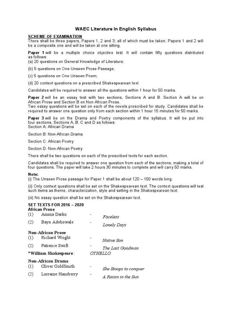 WAEC Literature in English Syllabus | PDF | Poetry