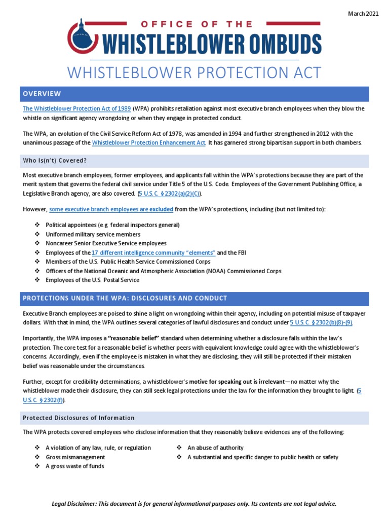 Whistleblower Protection Act Fact Sheet | Download Free PDF | Whistleblower | Government