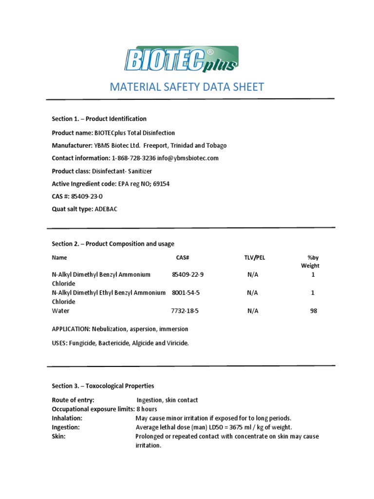 BIOTECplus Material Safety Data Sheet 2 | PDF | Ion | Disinfectant