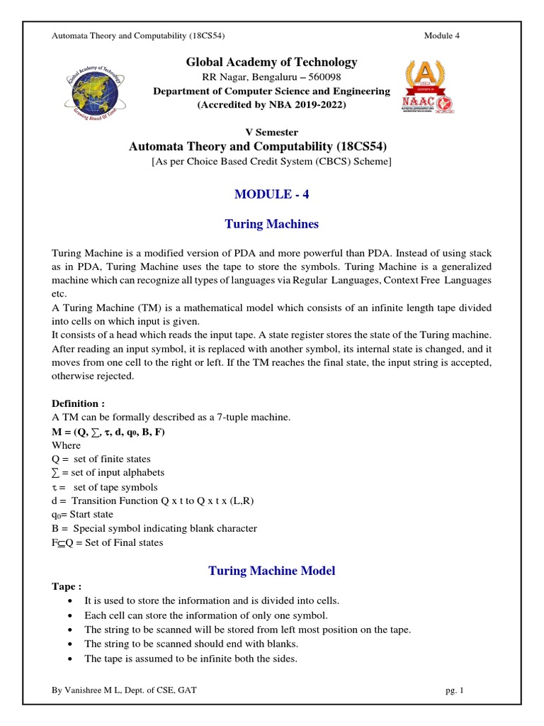 Global Academy of Technology: Module - 4 Turing Machines | PDF ...
