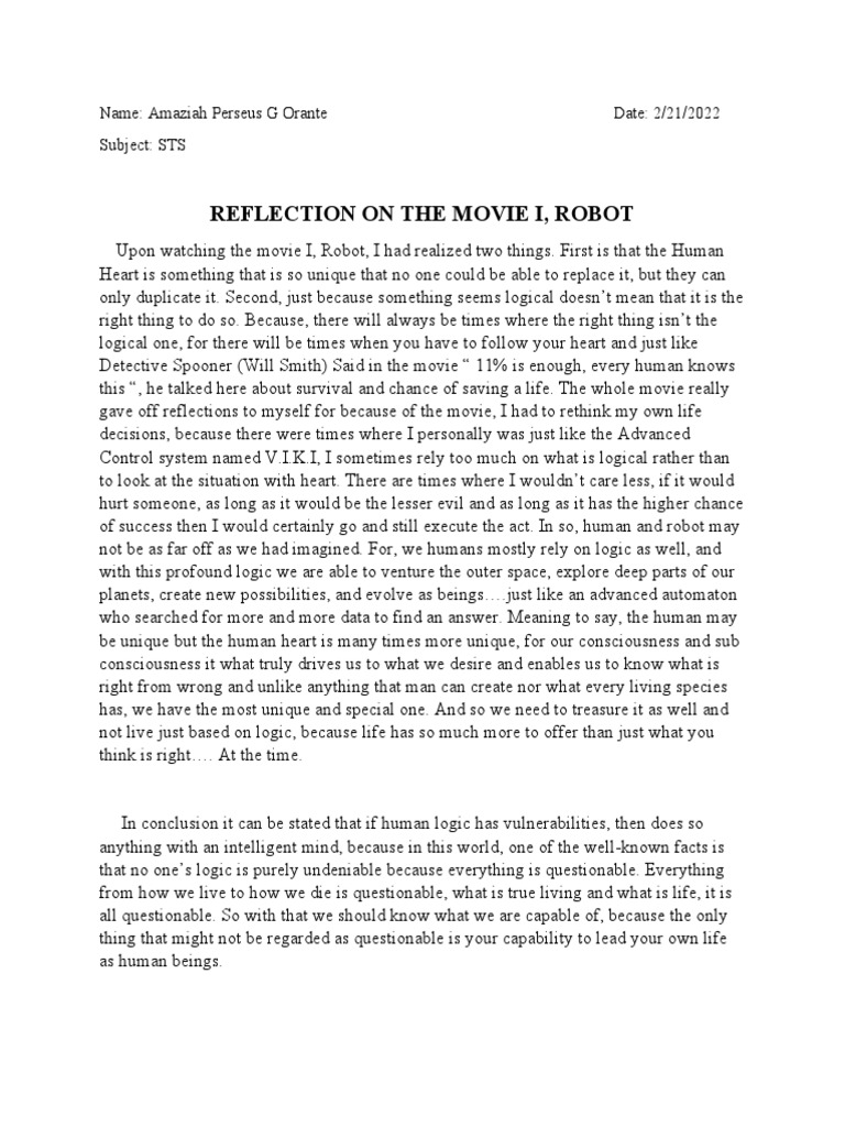 Reflection - I Robot | PDF | Robot | Robotics