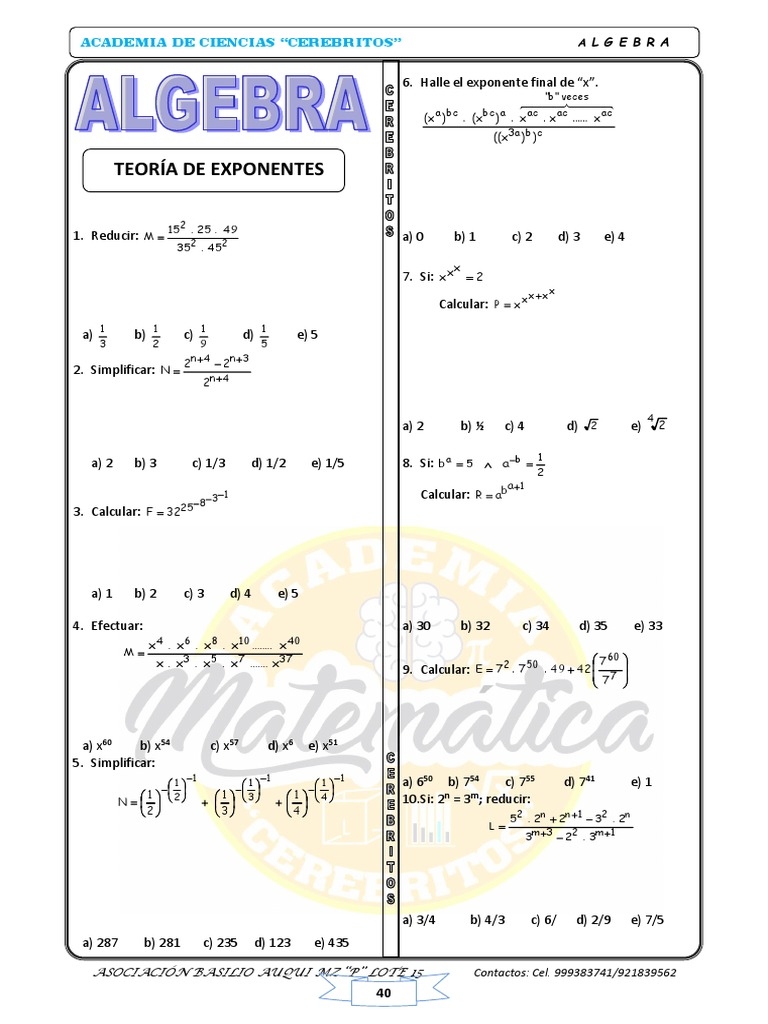 Algebra Exponents Practice Test | PDF