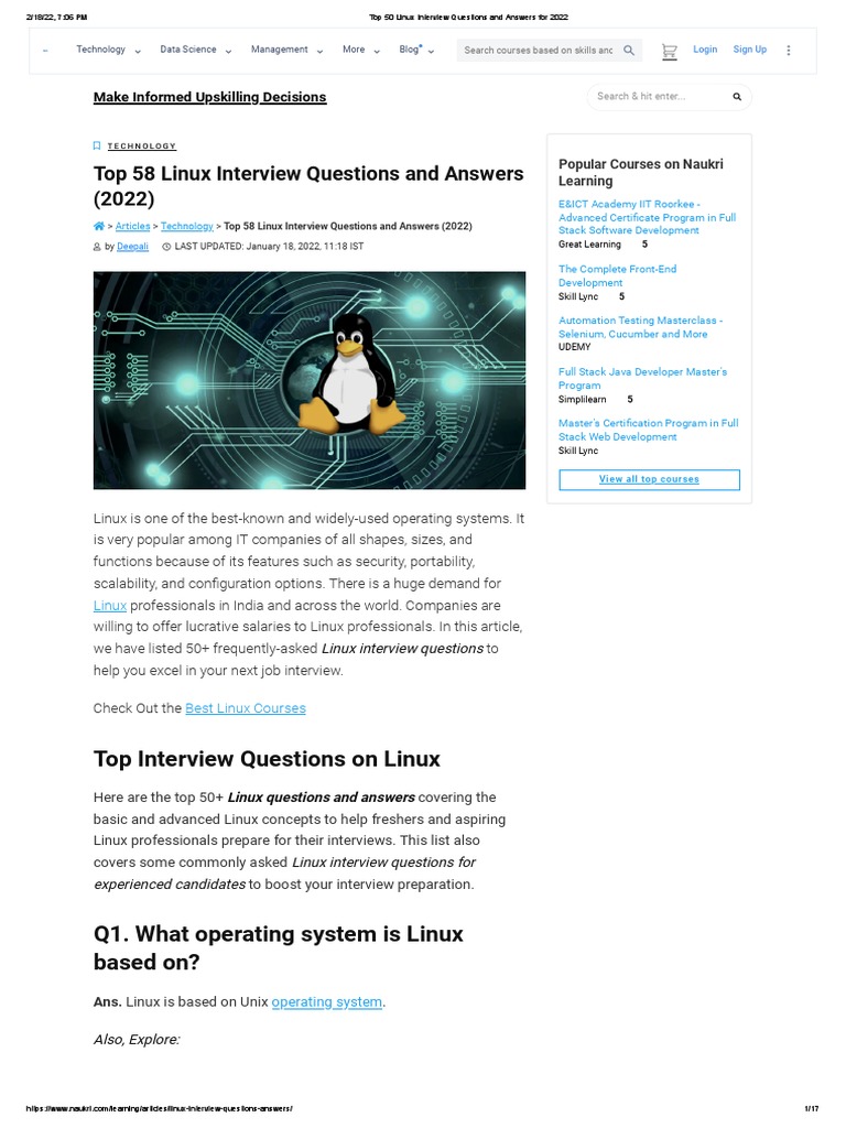 Top 50 Linux Interview Questions and Answers For 2022 | PDF | Operating ...