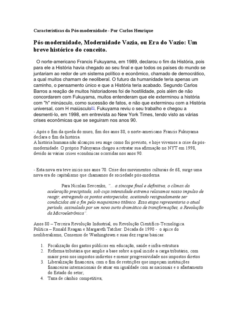 Aula - Características Da Pós-Modernidade | PDF | Modernidade | Liberalismo