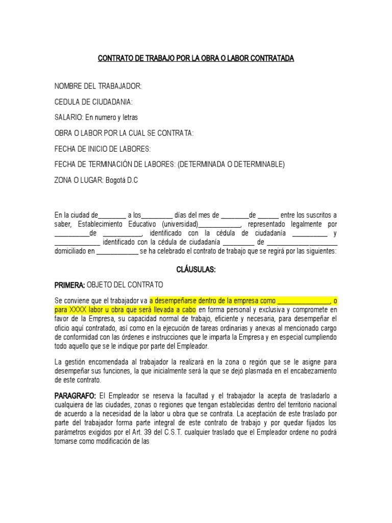 Contrato de trabajo por obra o labor que establece las obligaciones del trabajador y del ...