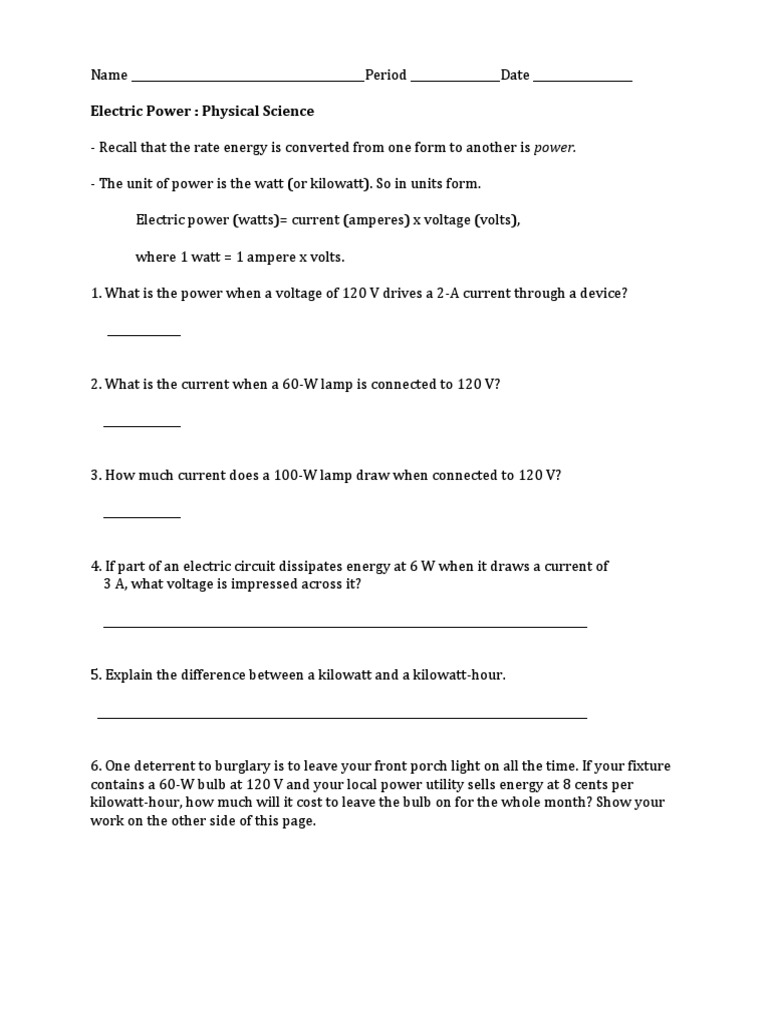 Electric Power Worksheet | Download Free PDF | Watt | Volt
