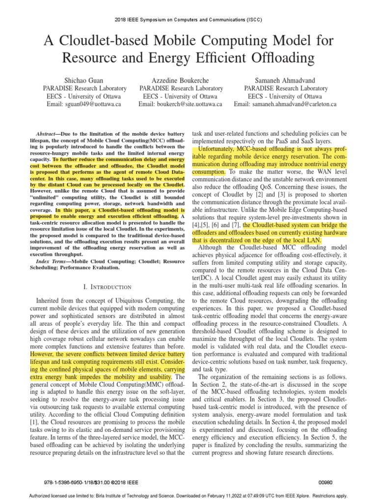 A Cloudlet Based Mobile Computing Model For Resource And Energy Efficient Offloading Pdf