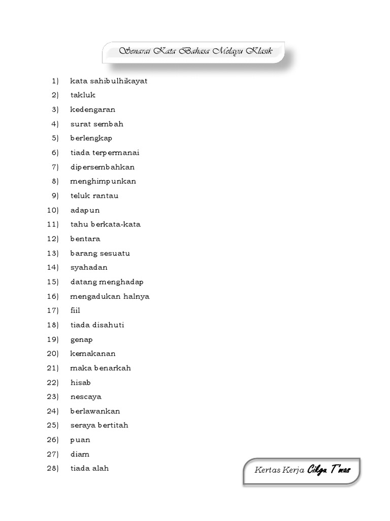 Senarai Bahasa Melayu Klasik Antologi Ting 5 | PDF