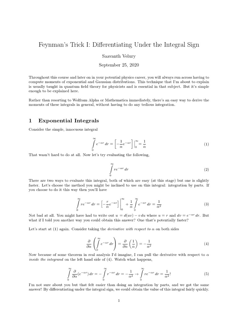 Feynman S Trick I Differentiating Under The Integral Sign 1