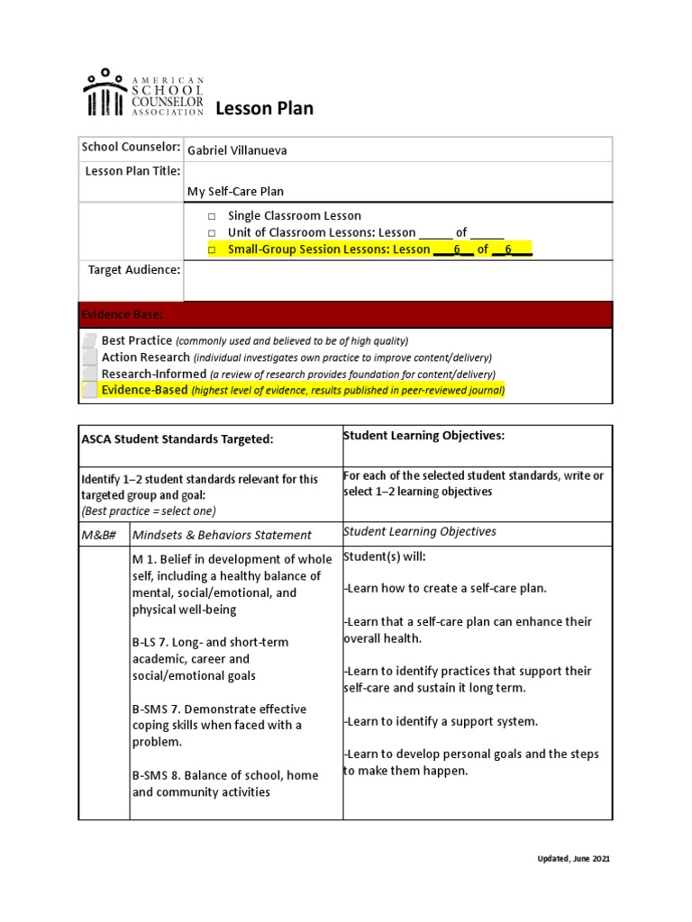Lesson Plan: ASCA Student Standards Targeted: Student Learning ...