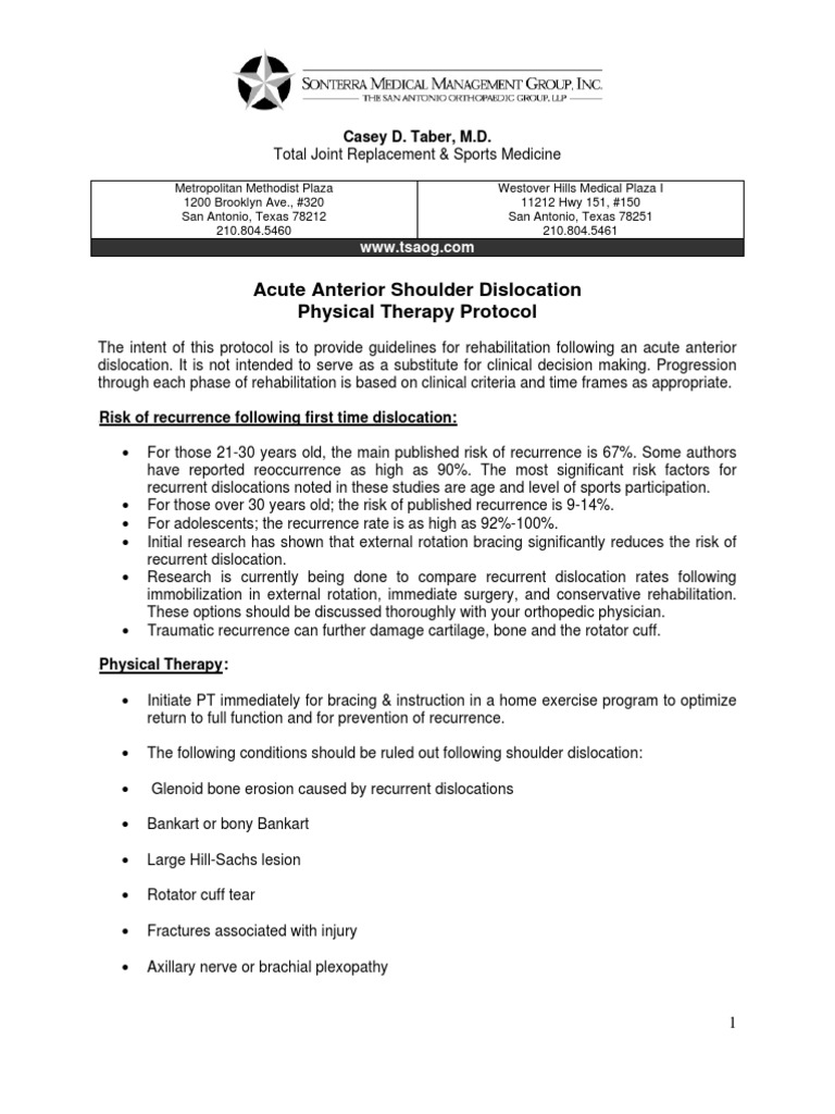 Acute Anterior Shoulder Dislocation Physical Therapy Protocol | PDF ...