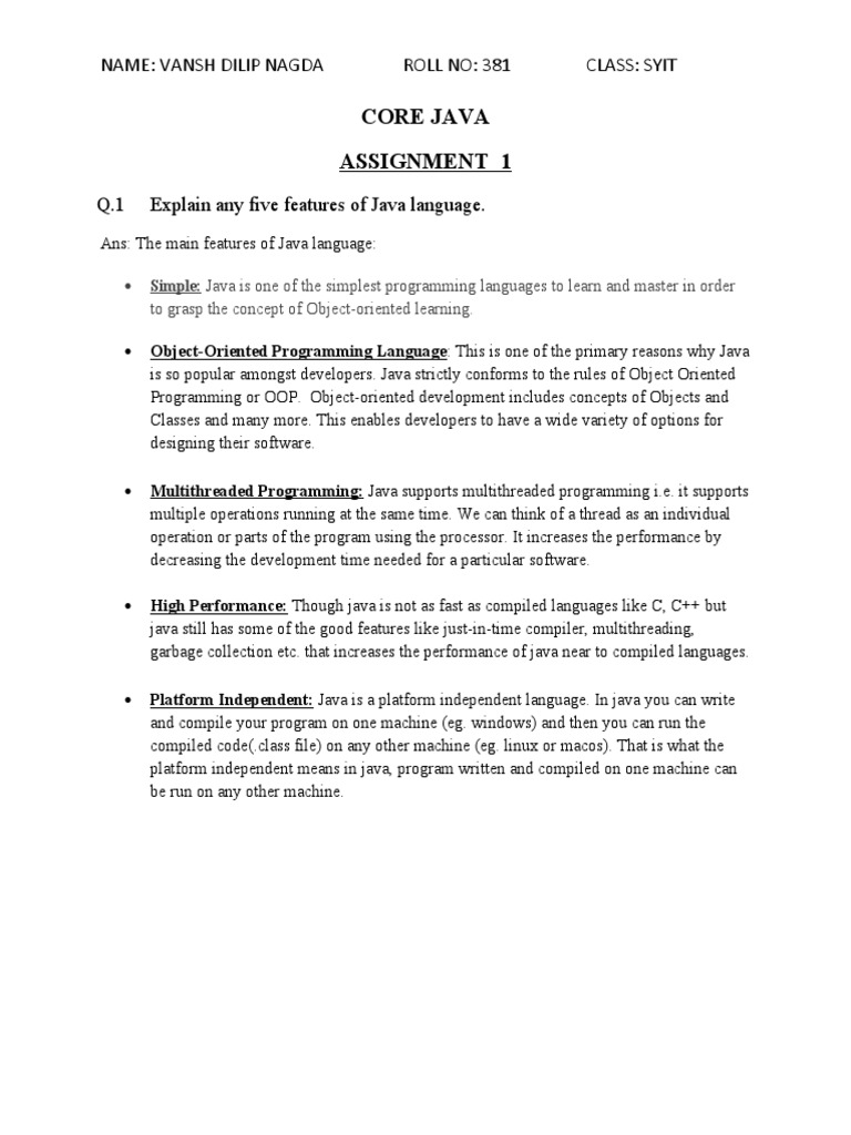Core Java Assignment 1: Name: Vansh Dilip Nagda Roll No: 381 Class: Syit | PDF | Java ...