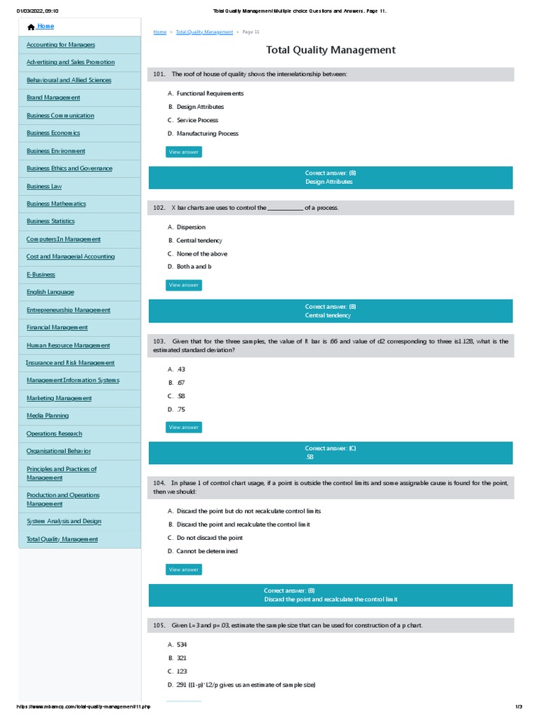 Total Quality Management Multiple Choice Questions and Answers. Page 11 ...