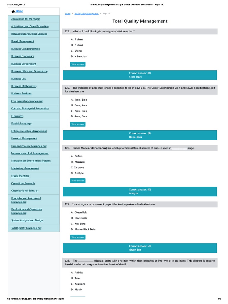 TQM MCQs and Answers Guide | PDF | Quality Management | Accounting