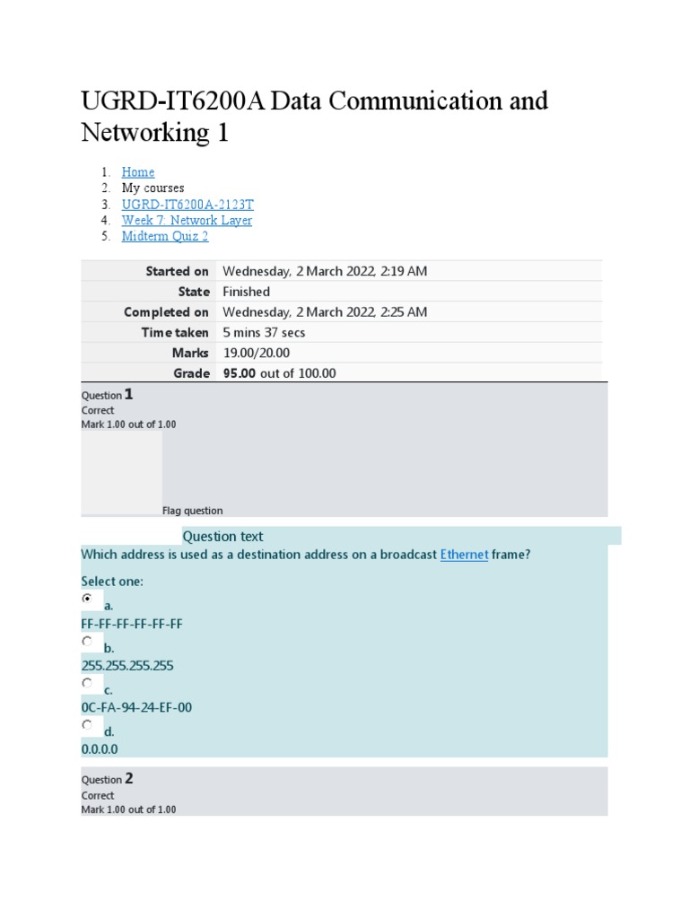 Network Layer Quiz Results: Student Achieves 95% on Midterm Exam Covering Data Communication and ...