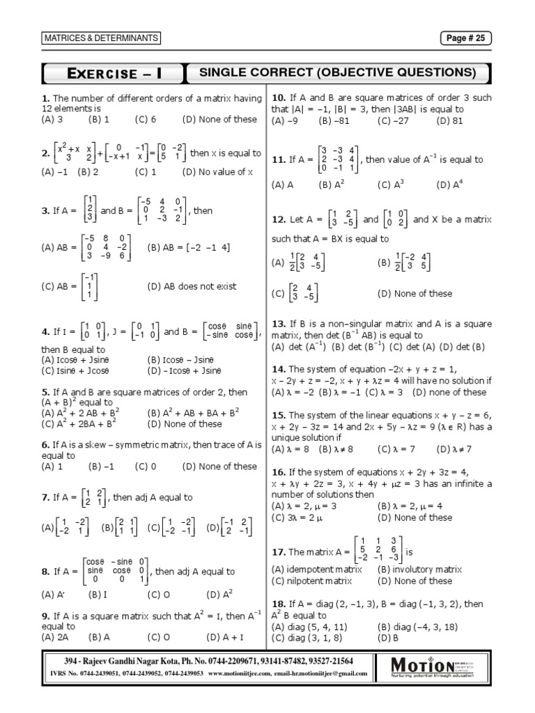 Xercise: Single Correct (Objective Questions) | PDF | Matrix ...