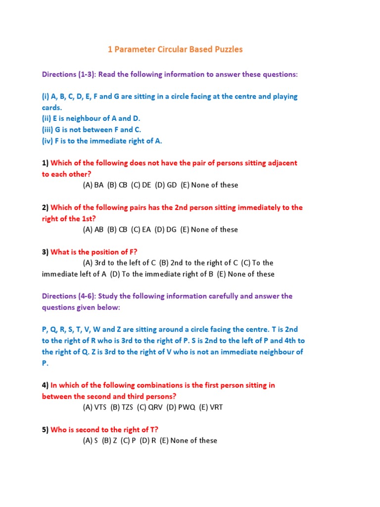 1 Parameter Circular Based Puzzles: Directions (1-3) : Read The ...