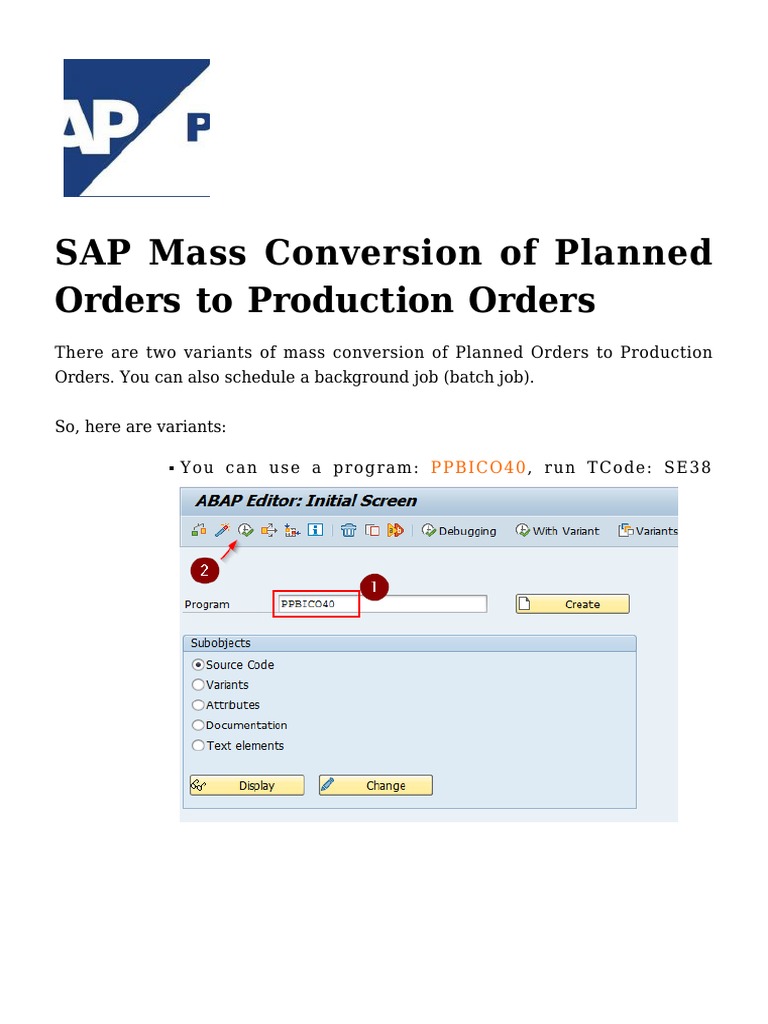 SAP Mass Conversion of Planned Orders To Production Orders: Ppbico40 | PDF