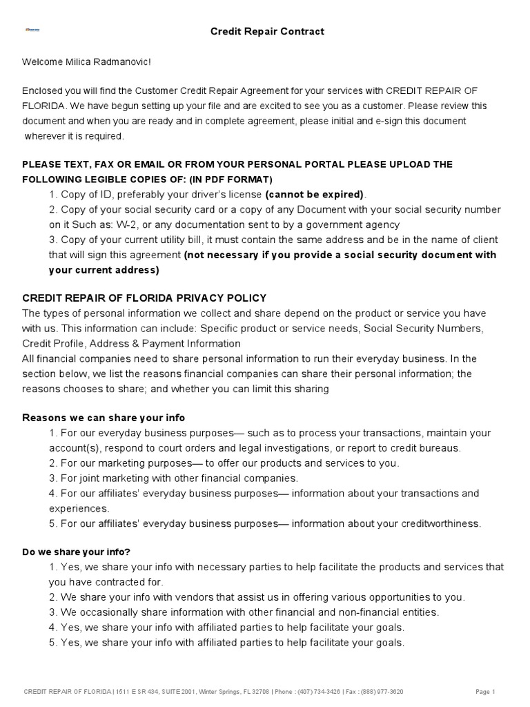 Credit Repair Contract Pdf Credit History Finance Money Management