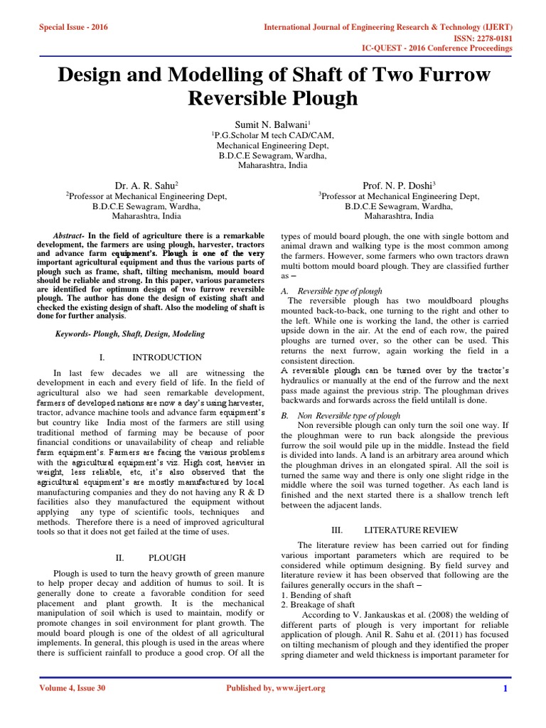 Design and Modelling of Shaft of Two Furrow Reversible Plough | PDF ...