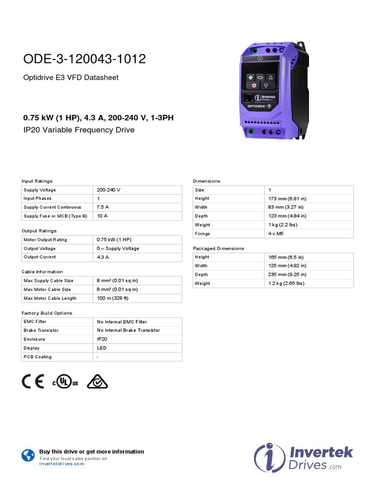 Invertek Drives ODE-3-120043-1012 Datasheet | PDF | Power (Physics) | Electronic Circuits