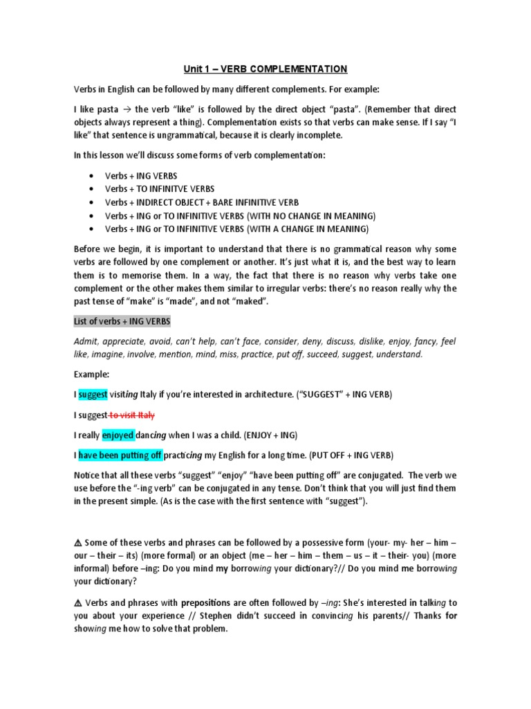 Unit 1 - Verb Complementation | PDF | Verb | Linguistics