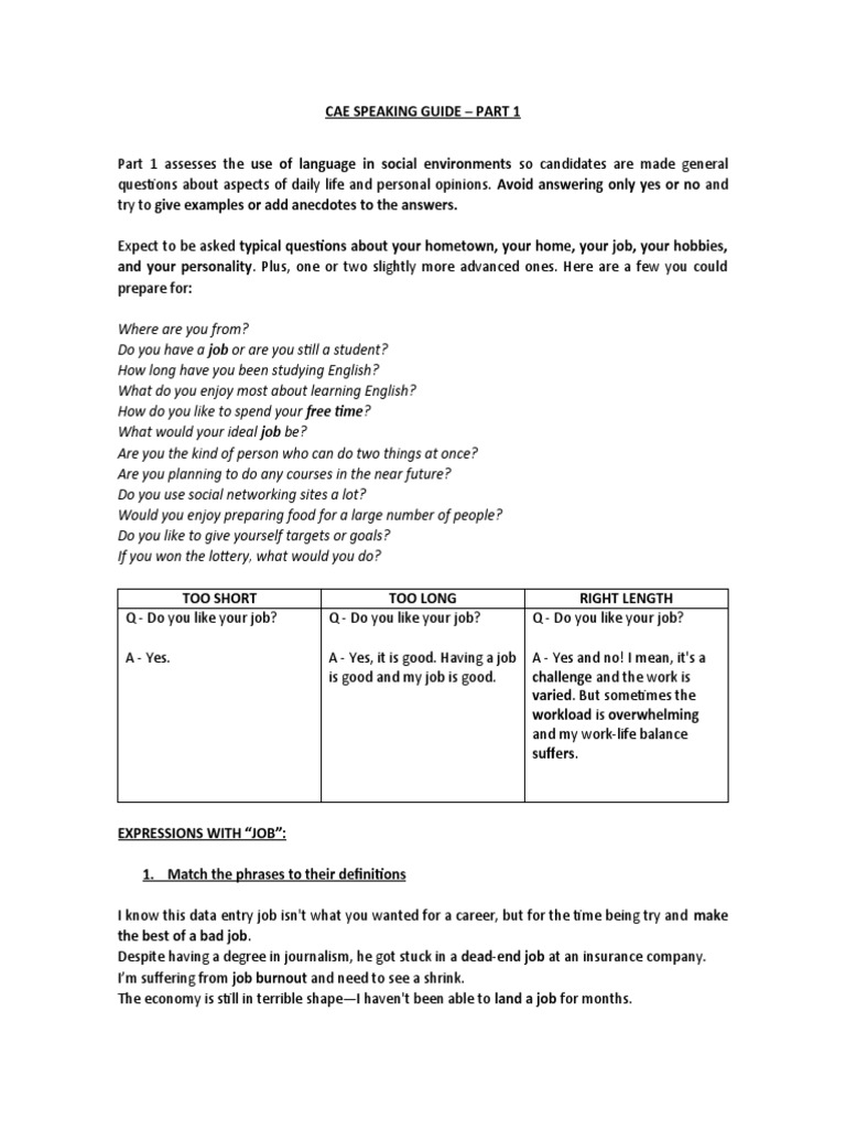 CAE SPEAKING GUIDE – PART 1 | PDF | Test (Assessment) | Question