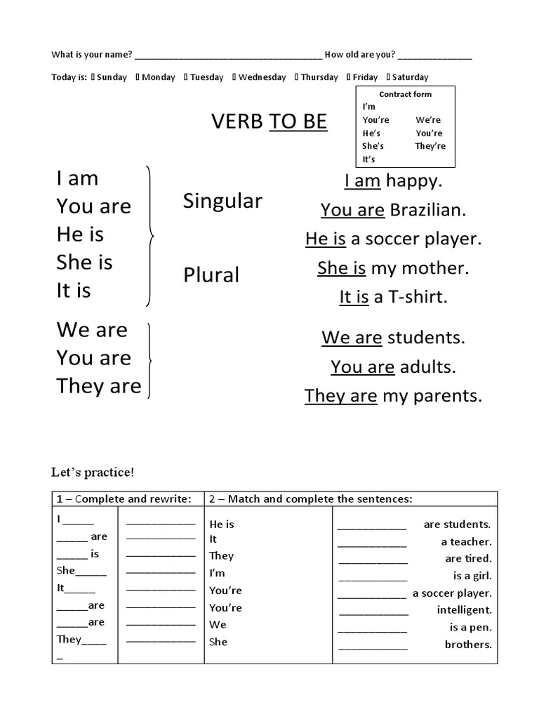 Verb To Be Iam You Are He Is She Is It Is We Are You Are They Are ...