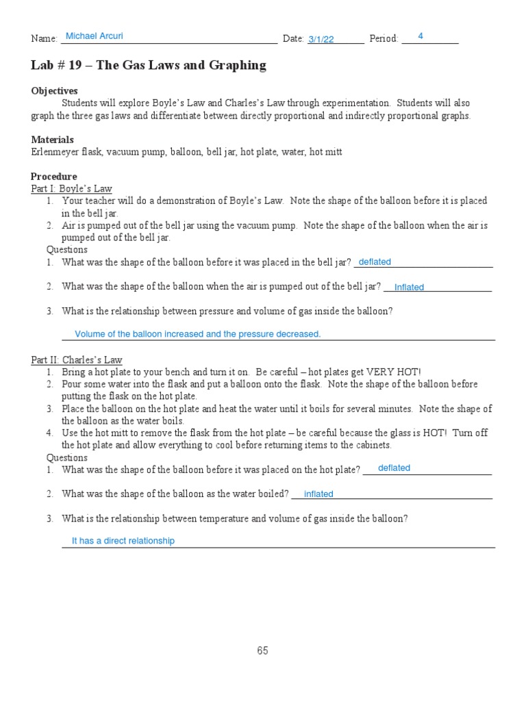 Lab # 19 - The Gas Laws and Graphing: Objectives | PDF | Balloon | Gases