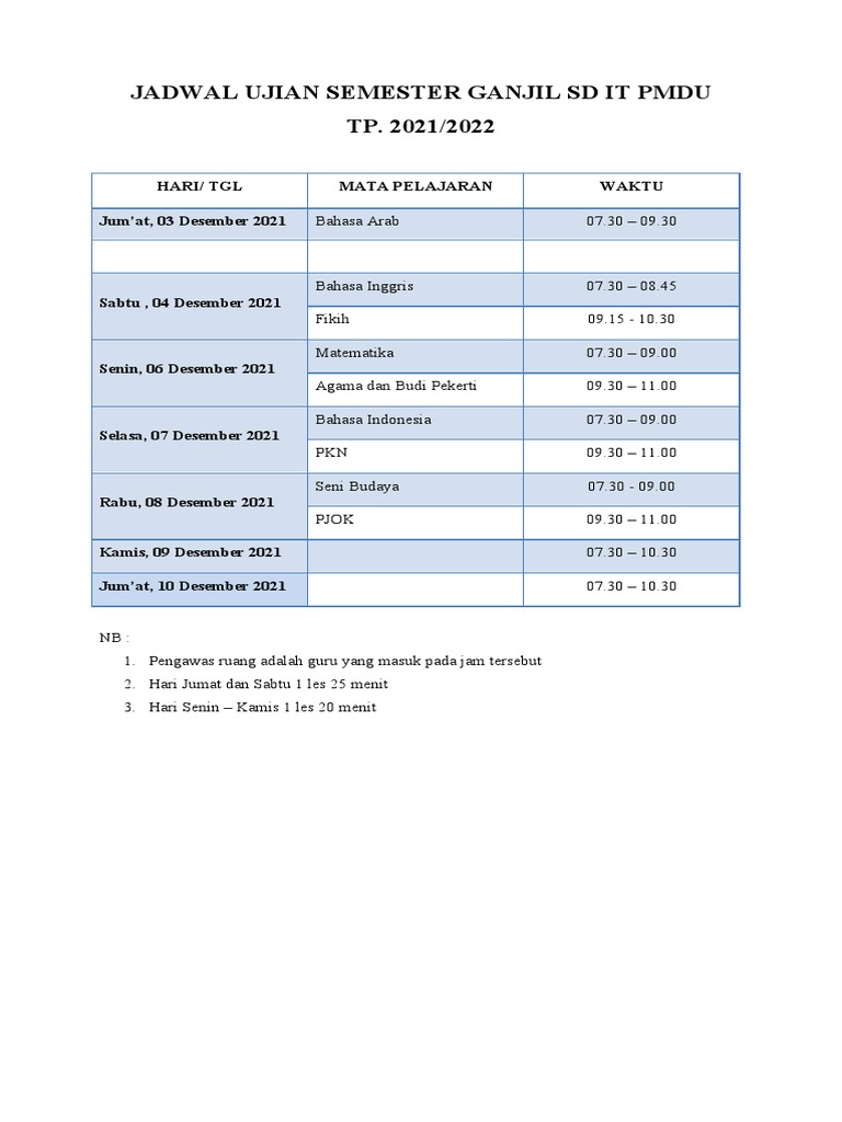Jadwal Ujian Semester Ganjil SD IT PMDU Tahun Pelajaran 2021/2022 | PDF