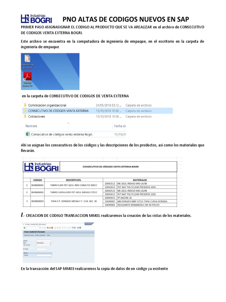 Procedimiento Altas en Sap Codigos Nuevos | PDF