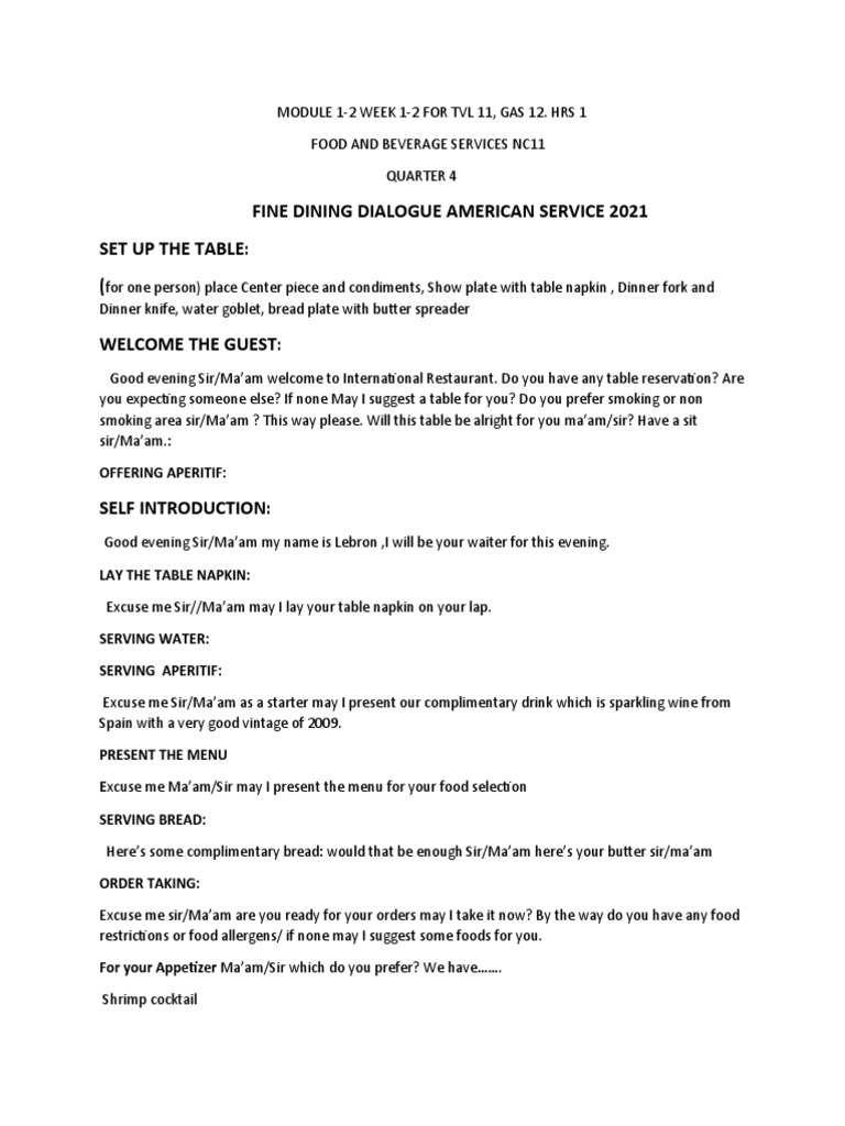 Fine Dining Dialogue American Service 2021 Set Up The Table: (Welcome ...