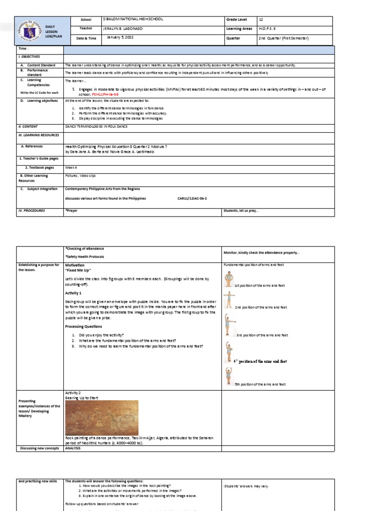 I. Objectives: Peh11Fh-Iia-T-8 | PDF | Dances | Arm