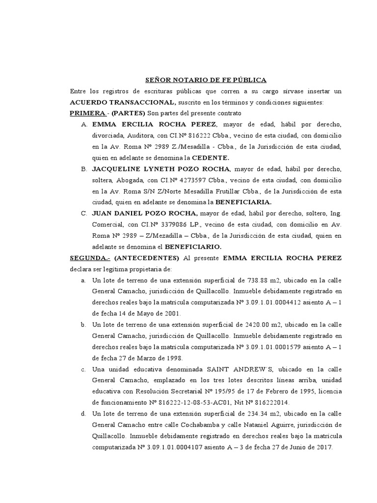 Minuta de División y Partición Voluntaria de Bienes Inmuebles y Entrada ...