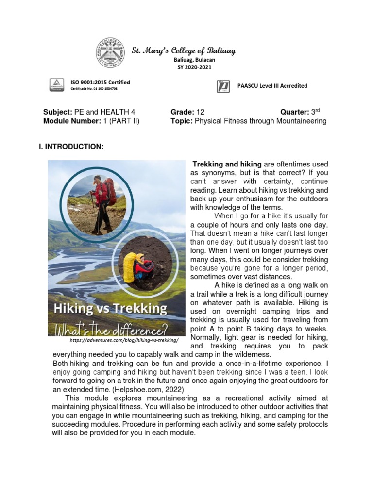 PE 4 SHS Module 2 (2nd Sem) - Summary | PDF | Hiking | Backpack