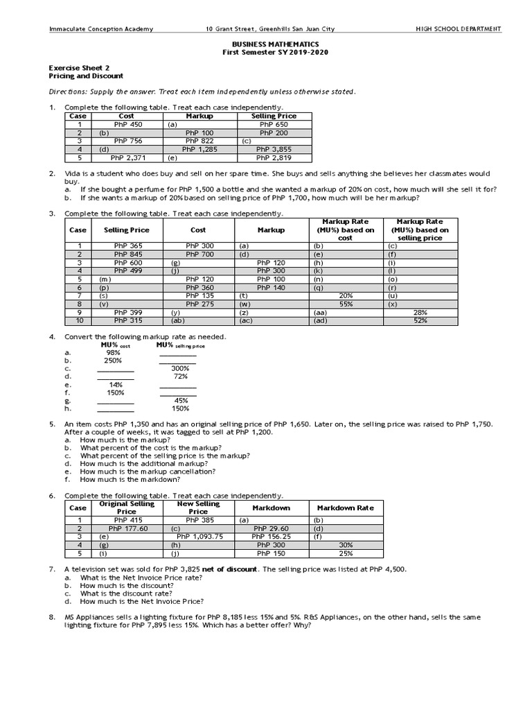 Exercise Sheet 2 - Pricing and Discount | PDF | Discounting | Discounts And Allowances