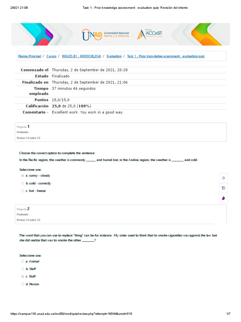 Task 1 - Prior Knowledge Assessment - Evaluation Quiz - Revisión Del Intento | Download Free PDF ...