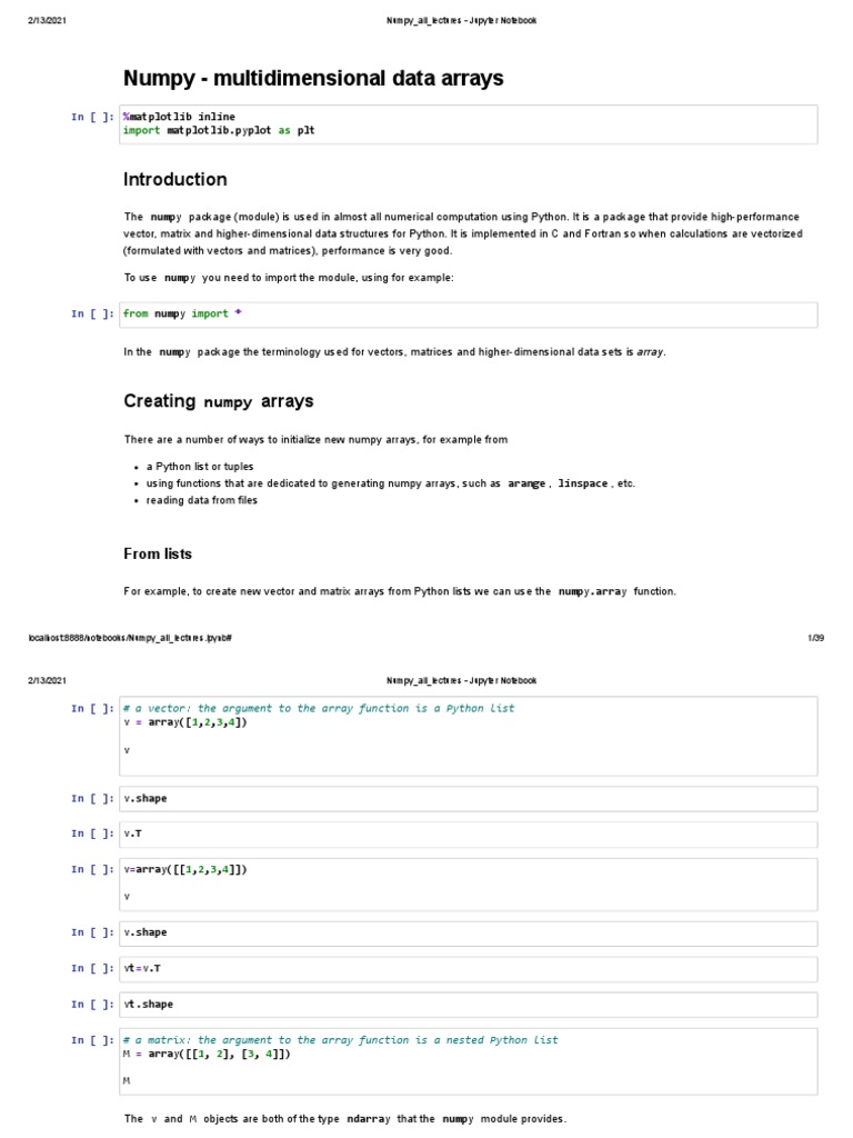 Numpy All Lectures Jupyter Notebook Pdf Array Data Structure Matrix Mathematics