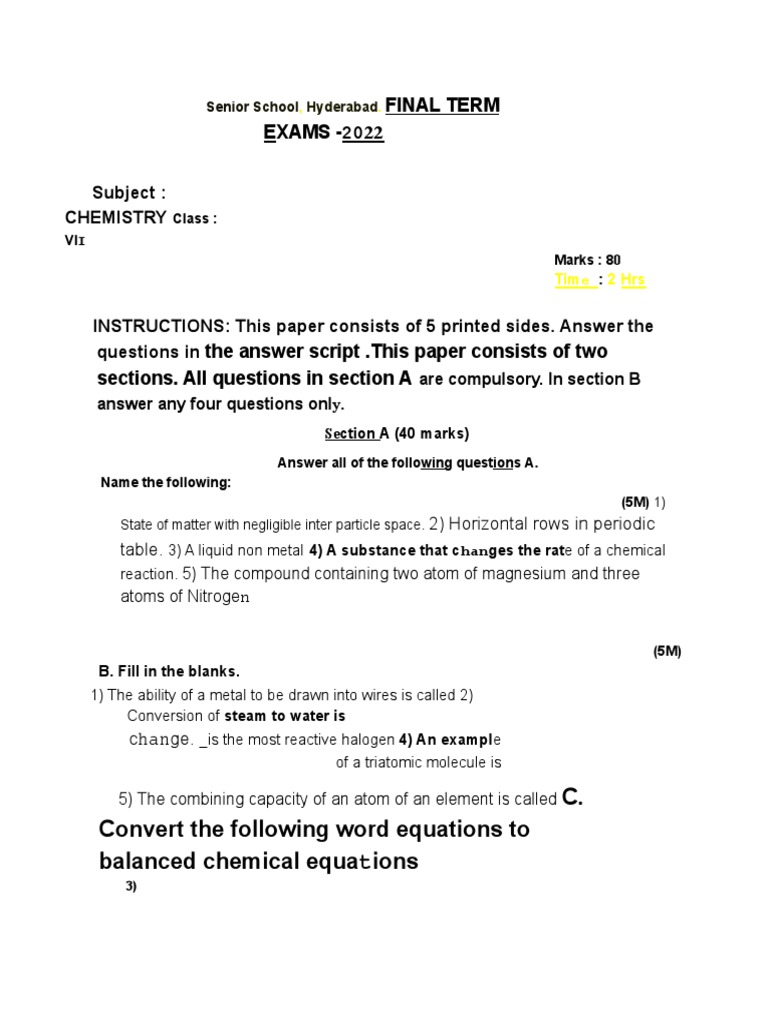 Class 7 Final Term Paper | PDF | Chlorine | Oxide