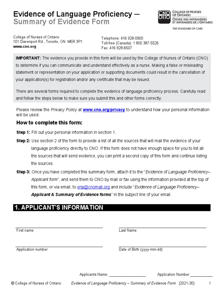 CNO Language Proficiency Form Evidence | PDF | Fax