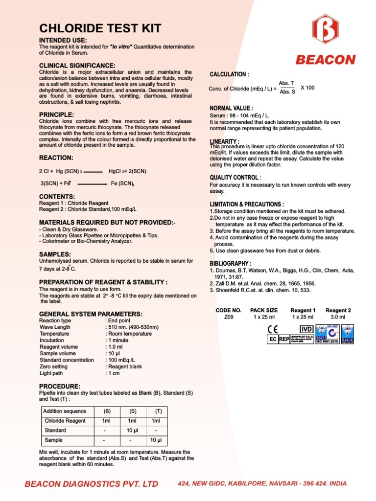 Chloride Test Kit: Code No. Pack Size Reagent 1 Reagent 2 | PDF ...