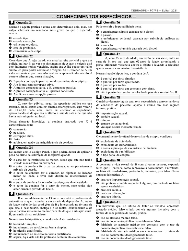 Caderno de Prova PCPB Agente | PDF | Crimes | Crime e Violência