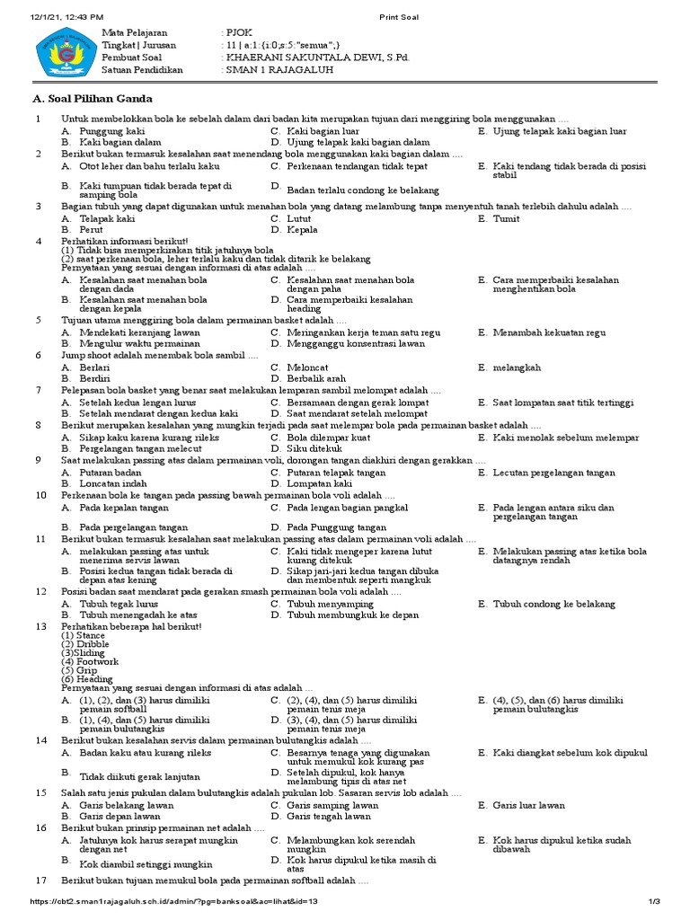 Soal Pjok Kelas Xi | PDF