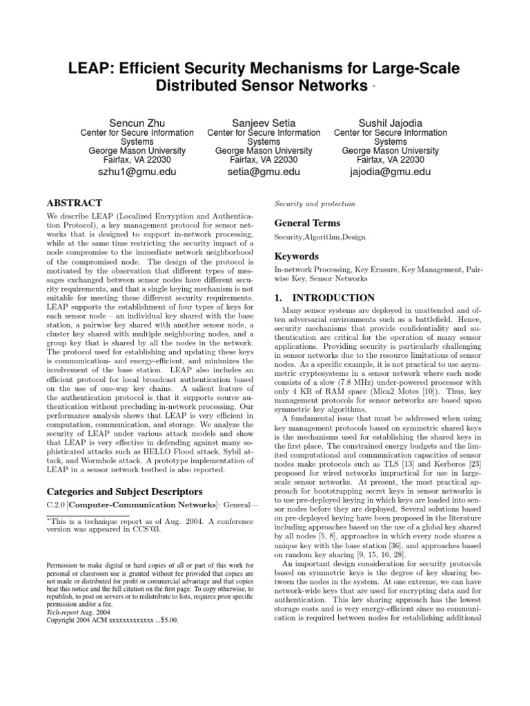 LEAP: Efficient Security Mechanisms For Large-Scale Distributed Sensor Networks | PDF | Wireless ...